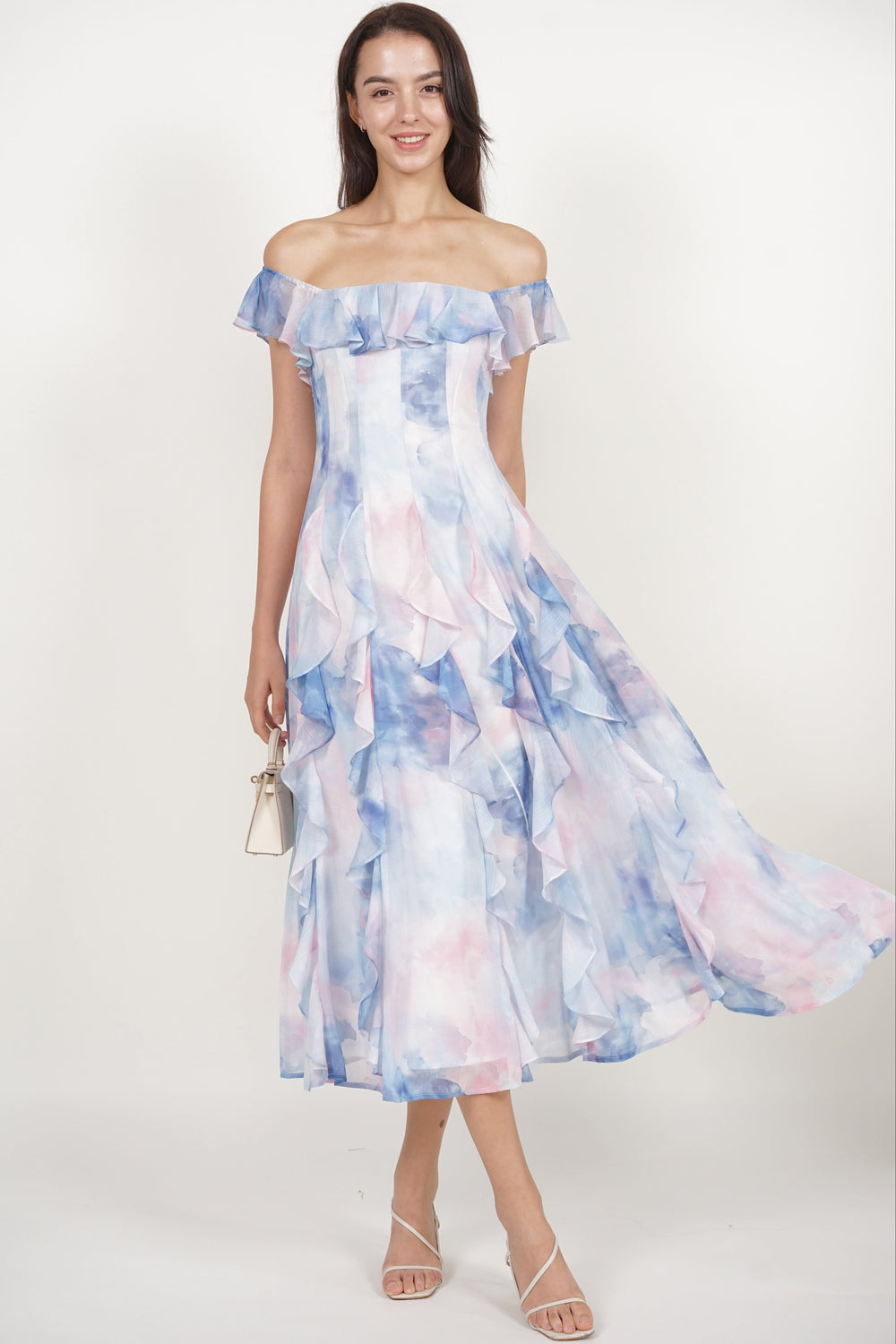 Off-Shoulder Ruffle Dress in Blue Watercolor