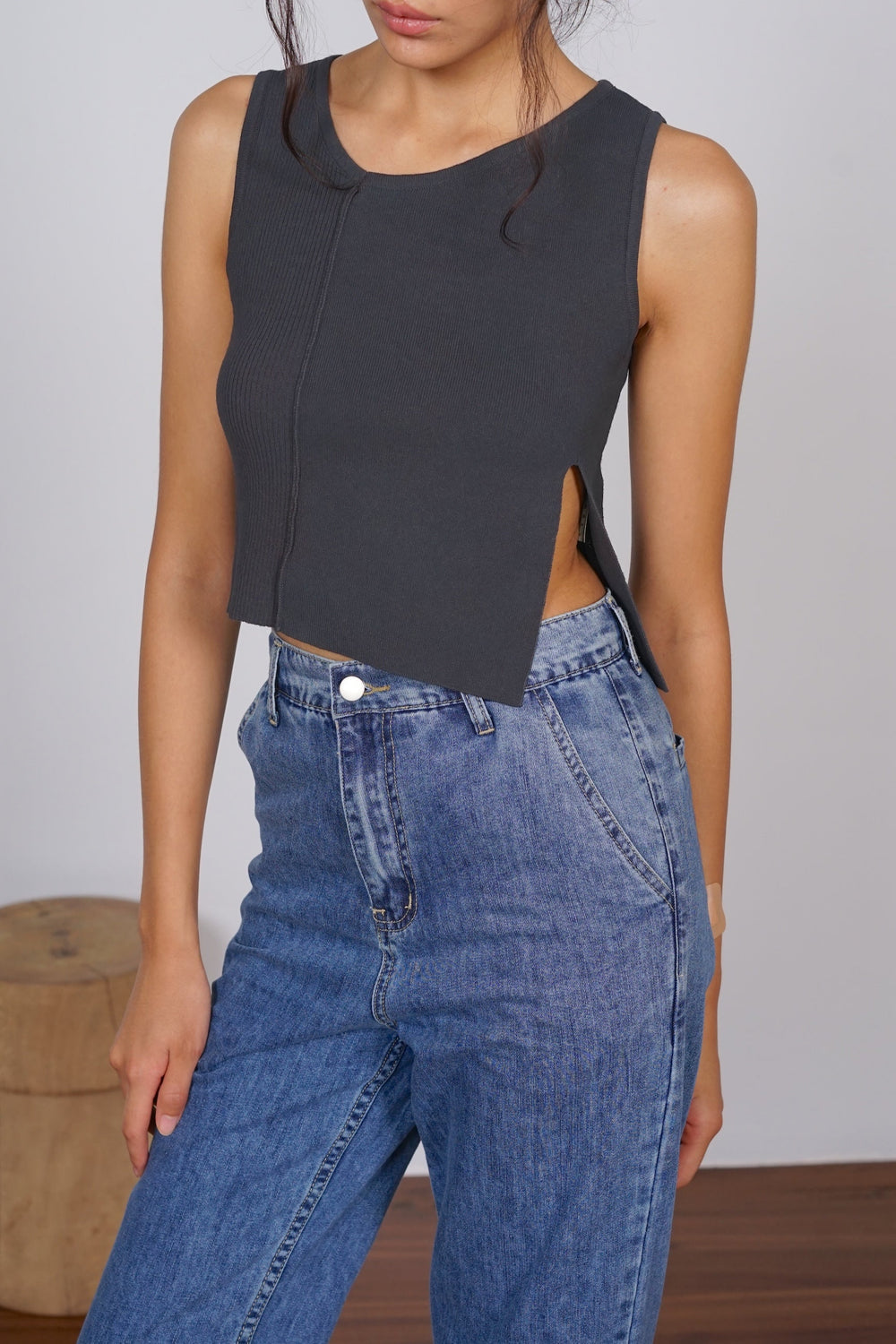 Side Slit Knit Top in Charcoal Grey