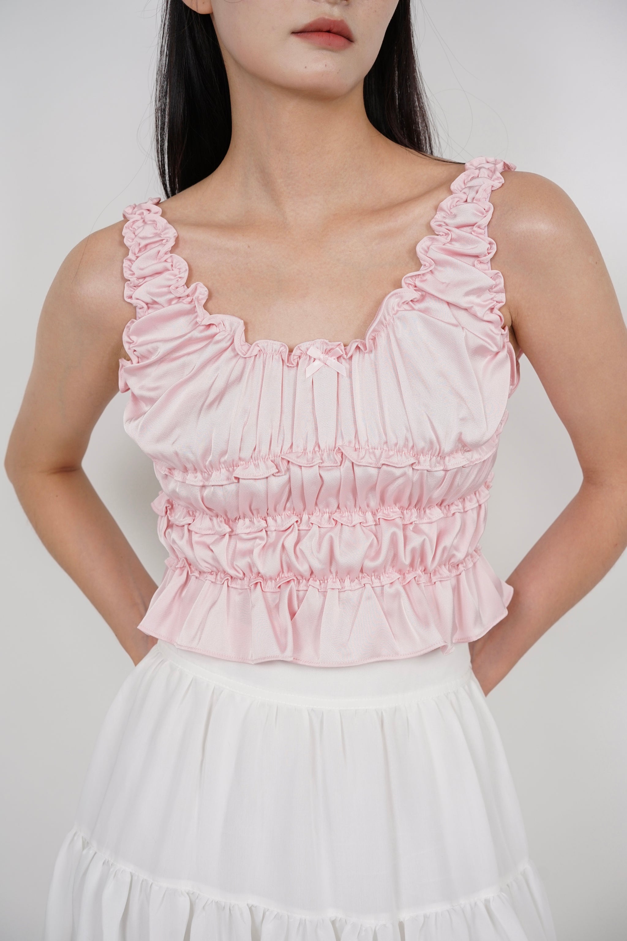 Gathered Ribbon Ruffle Top in Pale Rose