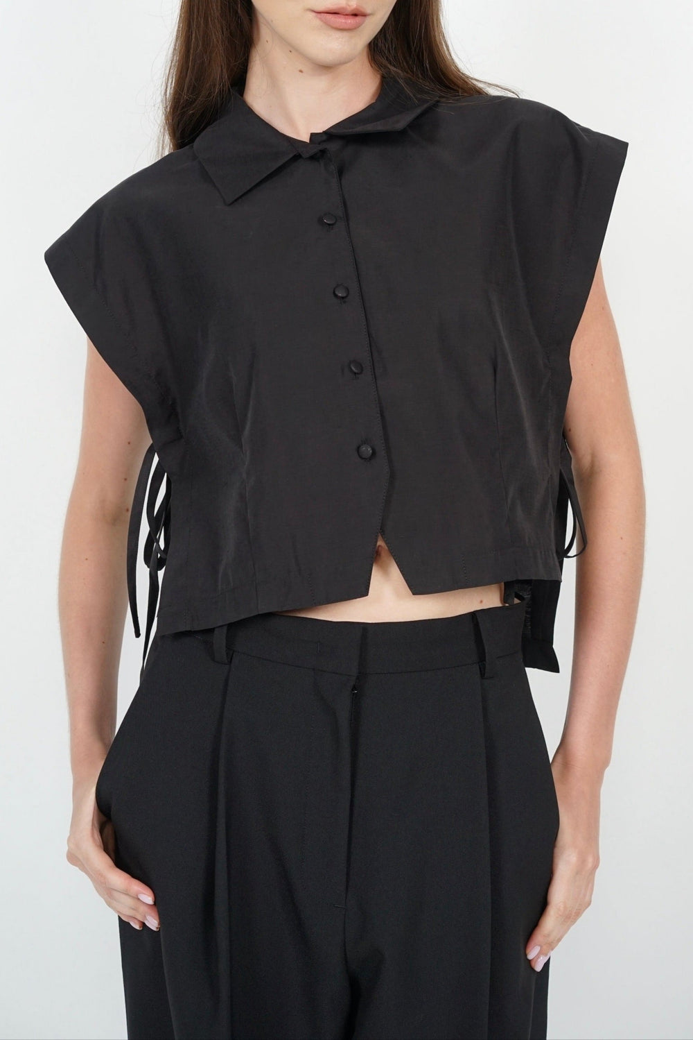 Side Tie Button Down Collar Top in Black