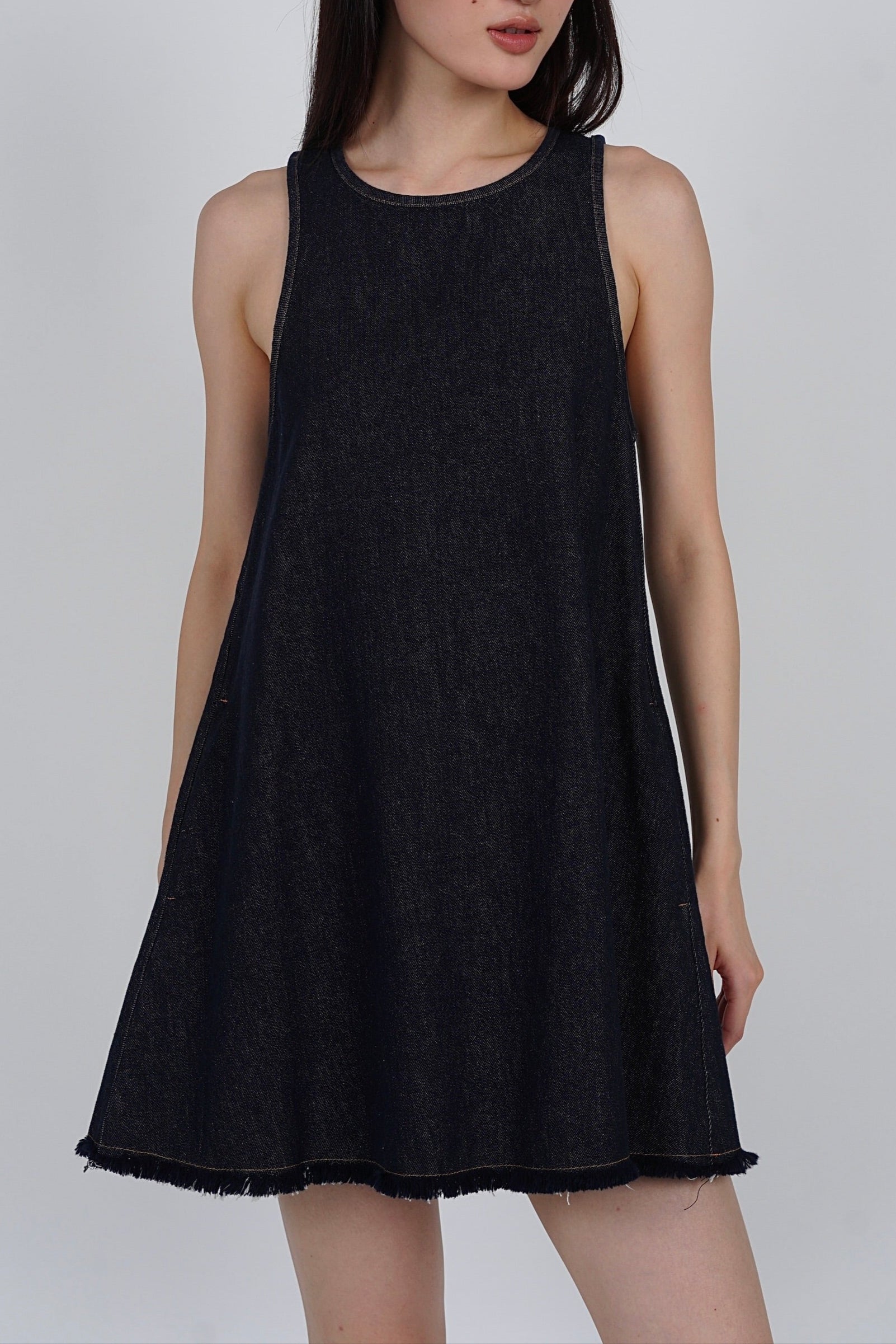 Sleeveless A-Line Flare Dress in Denim Blue