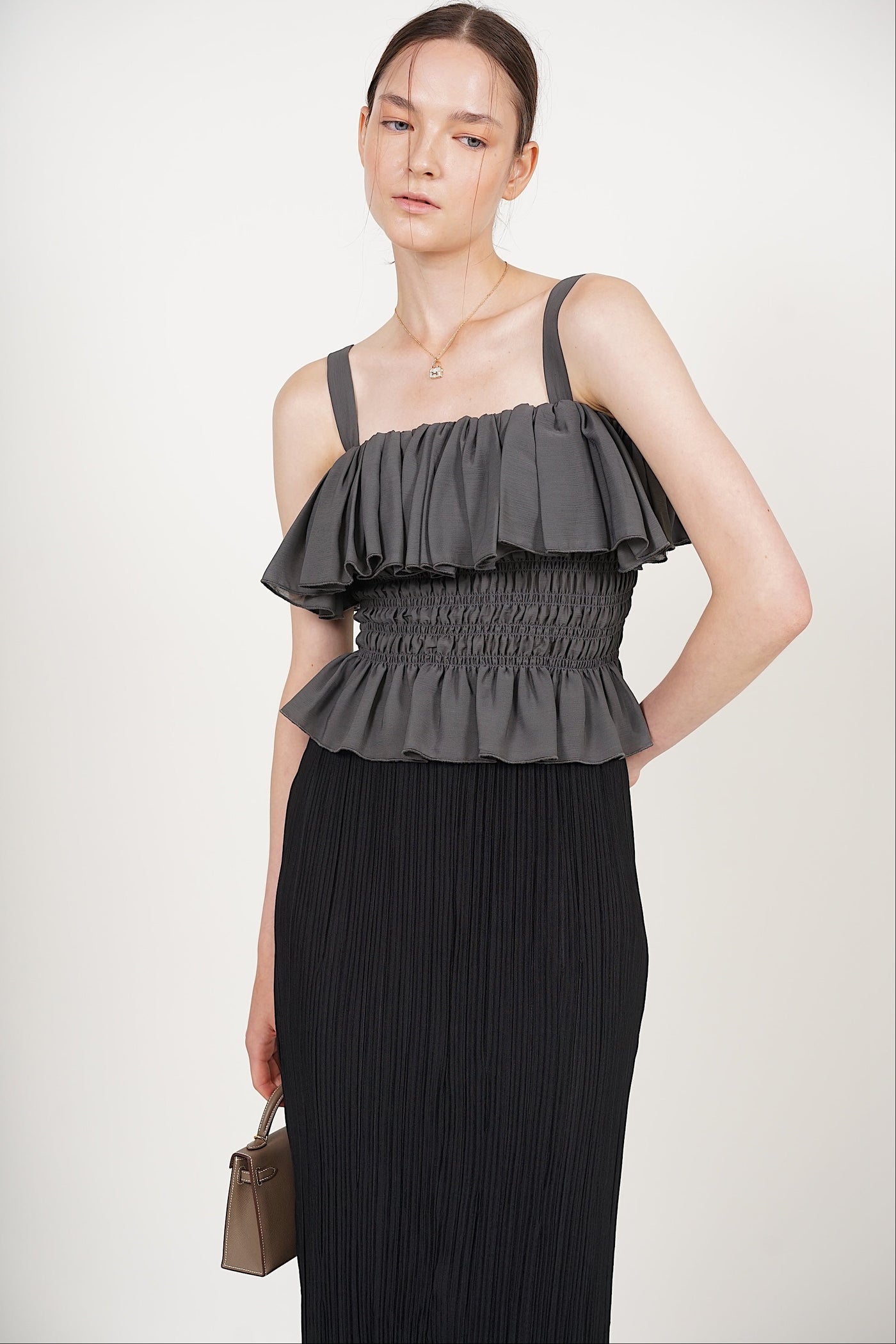 Ruffle Smocked Top in Pebble